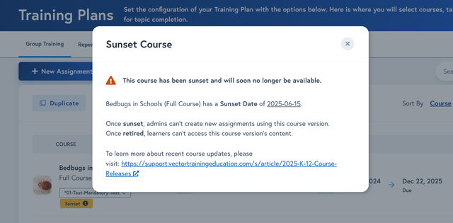 Course Sunset and Retired Course Labels